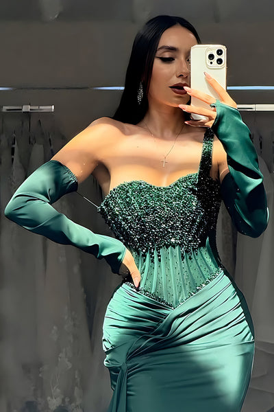 LVNES Women One Shoulder Dark Green Prom Dress Mermaid Corset Beaded ...