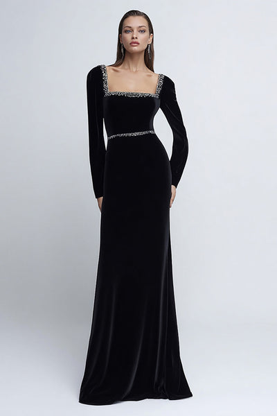 LVNES Women Velvet Black Tie Dress with Beading Sheath Long Sleeve ...