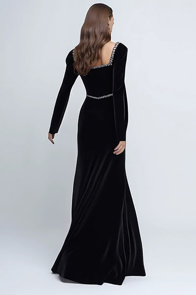 LVNES Women Velvet Black Tie Dress with Beading Sheath Long Sleeve ...