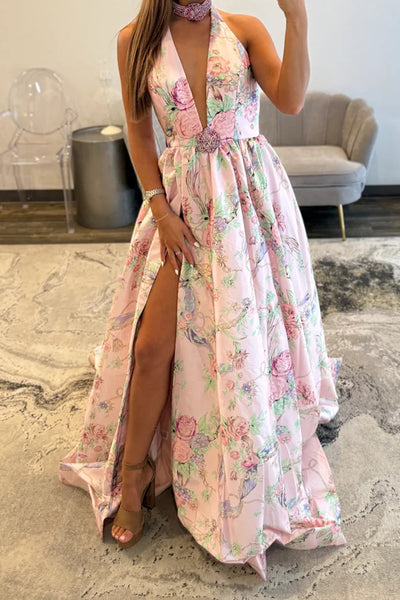LVNES Women Pink Flower Deep V Neck Prom Dress with Slit A Line Halter ...