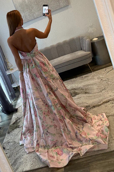 LVNES Women Pink Flower Deep V Neck Prom Dress with Slit A Line Halter ...