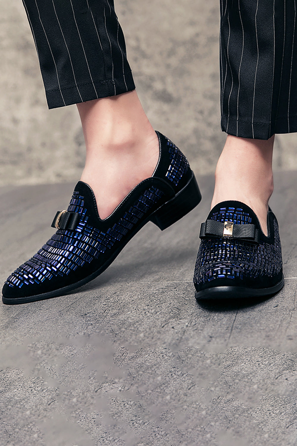 Lvnes Blue Beaded Slip-On Party Men's Shoes With Bow